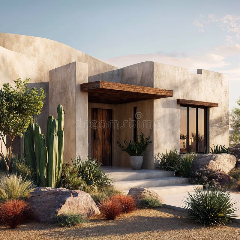Adobe Villa with Desert Plants Stock Illustration - Illustration of ...