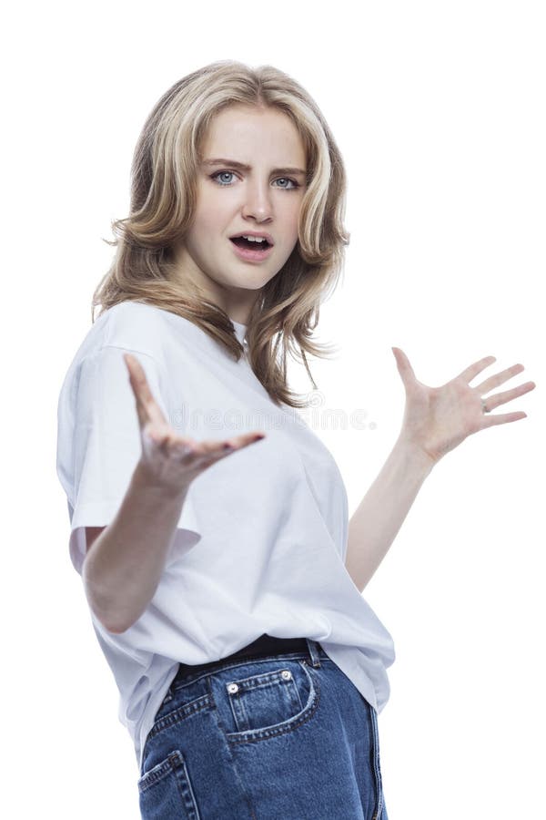 Adolescente Indignada Mujer Rubia Guapa Con Camiseta Blanca Y Jeans Emociones Negativas