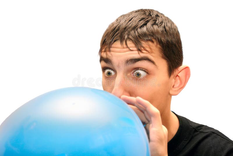 Homem Que Infla O Balão Vermelho Imagem de Stock - Imagem de cara ...