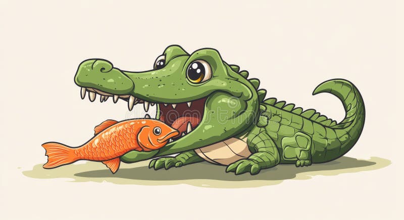 Adorable Animated Alligator Consuming Fish with Big Eyes Set Against a ...