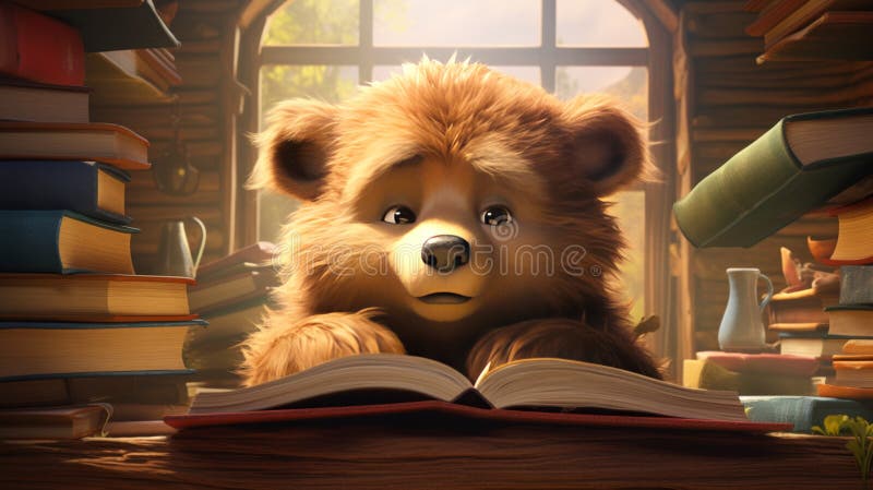 Adorable Animated Bear Reading in a Cozy Library Setting Stock ...