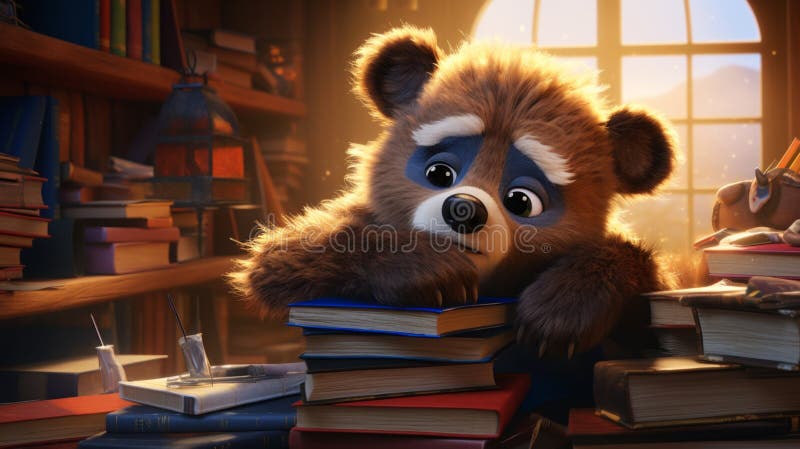 Adorable Animated Bear Reading in a Cozy Library Setting Stock ...