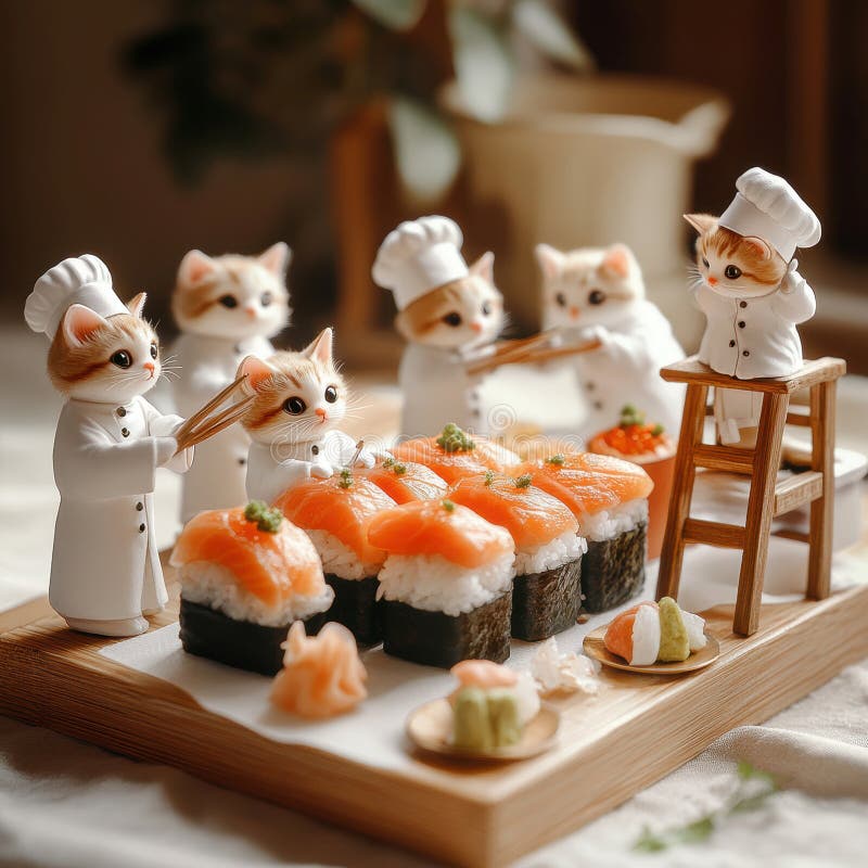 Adorable, Animated Cats in Chef Outfits at a Sushi Buffet Table - AI ...