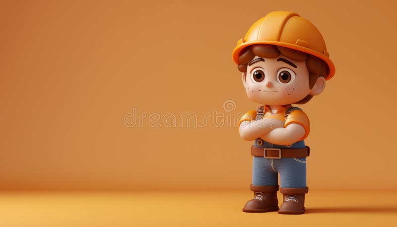 Adorable Animated Construction Worker Character Standing with Folded ...