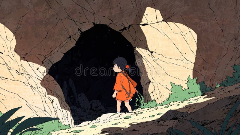 An Adorable Anime Character Exploring a Hidden Cave. Stock Illustration ...