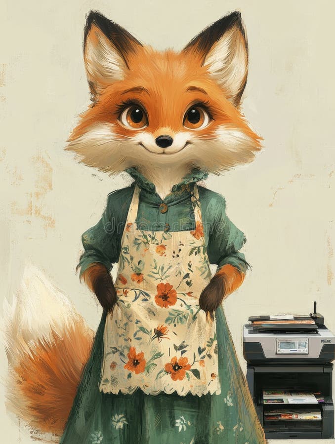 Adorable Anthropomorphic Fox in Floral Apron Standing by Printer Stock ...