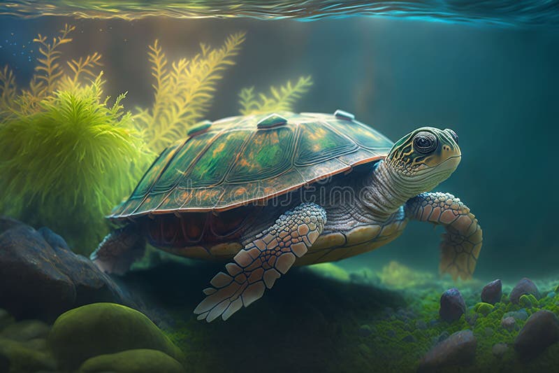 An Adorable Armored Turtle Swimming Underwater Stock Illustration ...