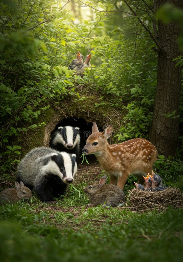 Adorable Baby Animals in Lush Forest Setting Stock Illustration ...