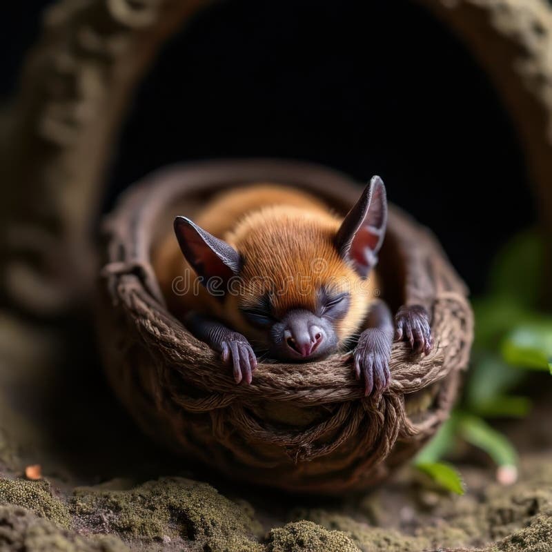 Adorable Baby Bat Napping in Miniature Cradle Stock Image - Image of ...