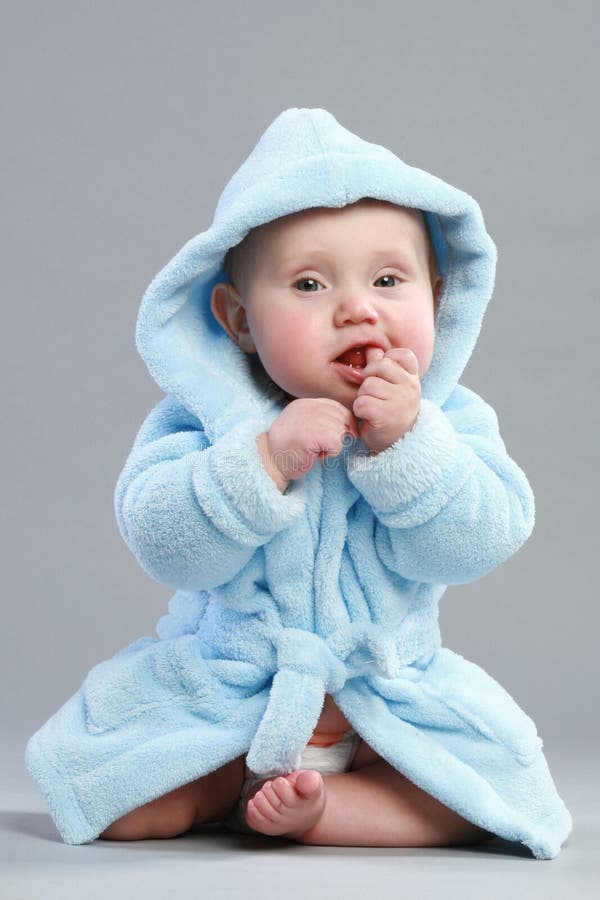 Adorable Baby Boy in a Blue Bathrobe Stock Image - Image of childhood ...
