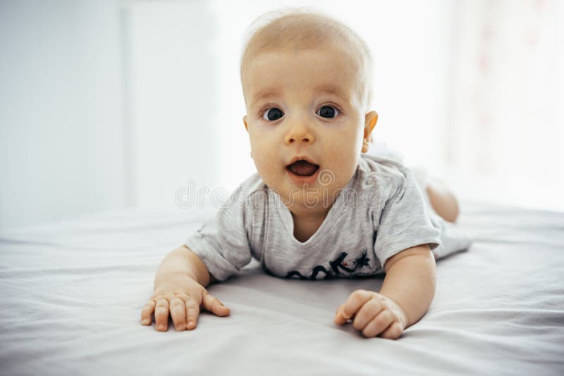 Adorable Baby Boy Practicing Tummy Time Stock Image - Image of human ...