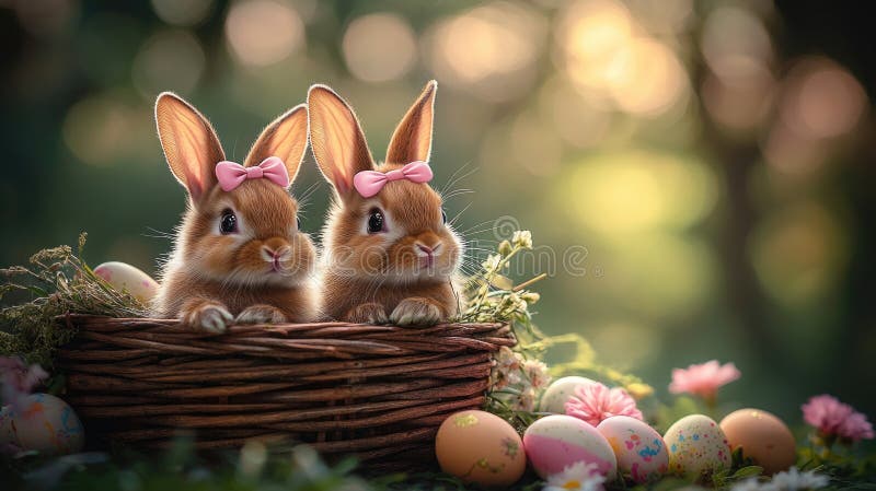 Adorable Baby Bunnies with Bows in a Wicker Basket Surrounded by Easter ...