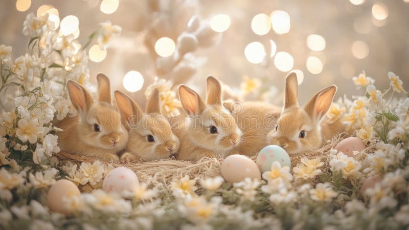 Adorable Baby Bunnies with Easter Eggs in a Floral Spring Setting Happy ...