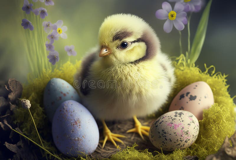 Adorable Baby Chick in a Spring Meadow with Easter Eggs. Generative Ai ...