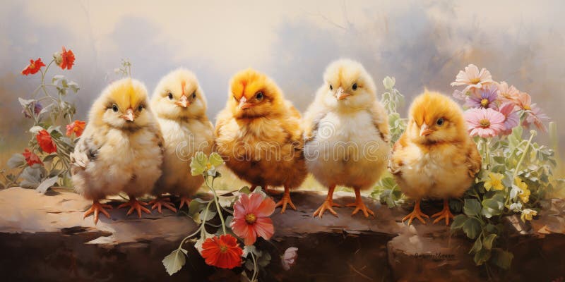 Adorable Baby Chicks Amongst Spring Flowers Stock Illustration ...