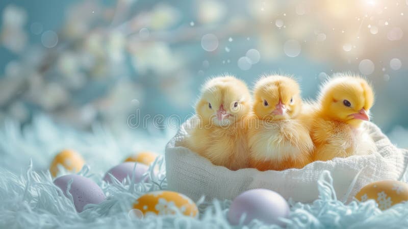 Adorable Baby Chicks in Nest with Colorful Easter Eggs and Soft Spring ...