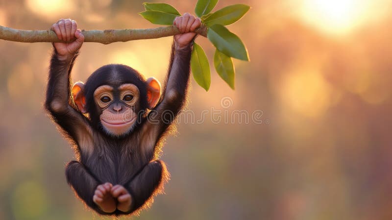 Adorable Baby Chimpanzee Hanging from a Tree Branch at Sunset Stock ...