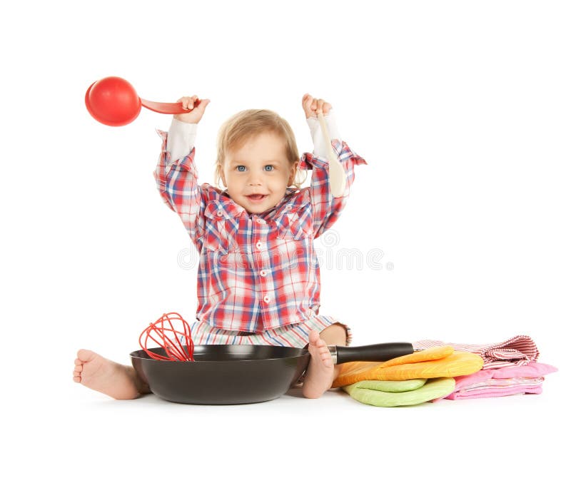 Baby Cook Girl Wearing Chef Hat with Fresh Vegetables and Fruits. Stock ...