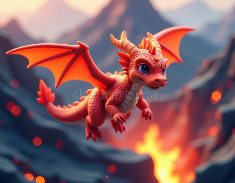 Adorable Baby Dragon Soaring Over Volcano Stock Illustration ...