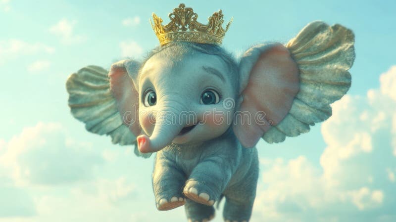 Adorable Baby Elephant with Wings and Crown Flying in a Blue Sky Stock ...