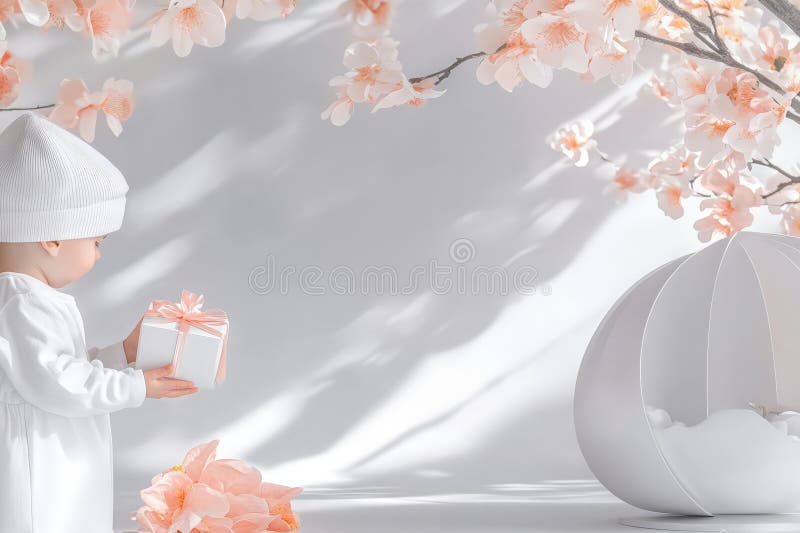 Adorable Baby with Gift Box Under Blossom Tree in Gentle Spring Light ...