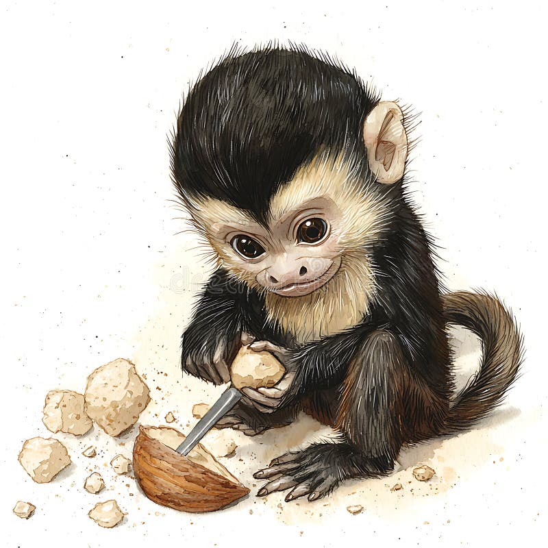 Adorable Baby Monkey Cracking a Nut with a Tiny Tool Stock Illustration ...