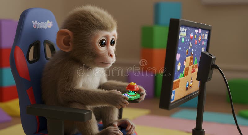 Adorable Baby Monkey Deeply Engrossed in Playing a Video Game on a ...