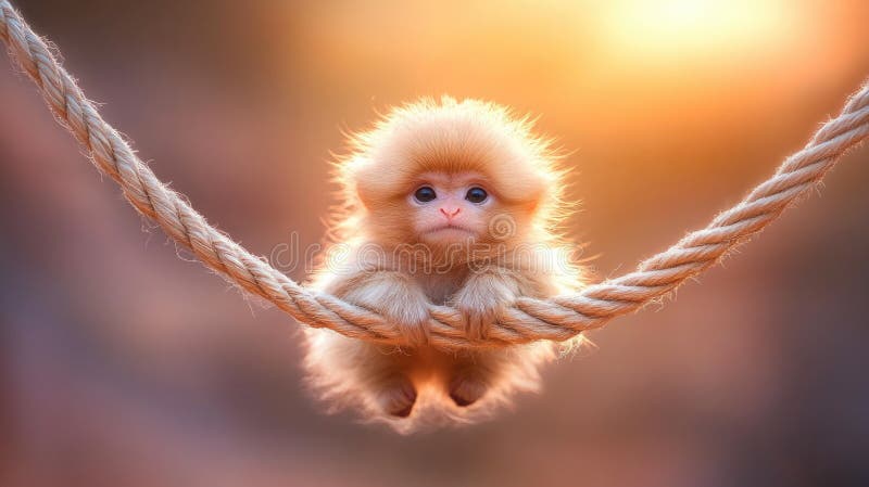 Adorable Baby Monkey Hanging on Rope with Stunning Sunset Backdrop ...