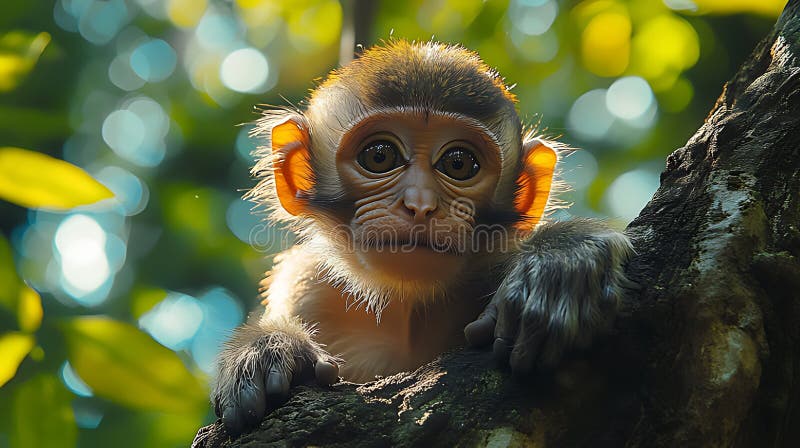 Adorable Baby Monkey Perched on a Tree Branch, Looking Directly at the ...