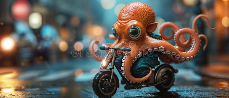 Adorable Baby Octopus Riding a Scooter, Side Angle, in Uniform ...