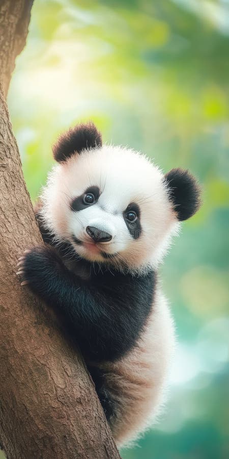 Adorable Baby Panda Climbing Bamboo Lush Green Habitat Stock Photos ...