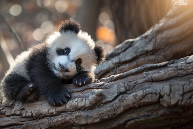 Adorable Baby Panda, Peacefully Resting on a Big Tree Stock ...