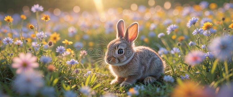Adorable Baby Rabbit in Wildflower Field. Stock Image - Image of hare ...