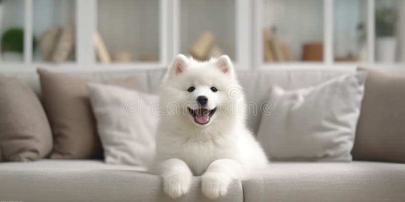 Adorable Baby Samoyed White Dog Sit on Sofa Generative AI Stock ...