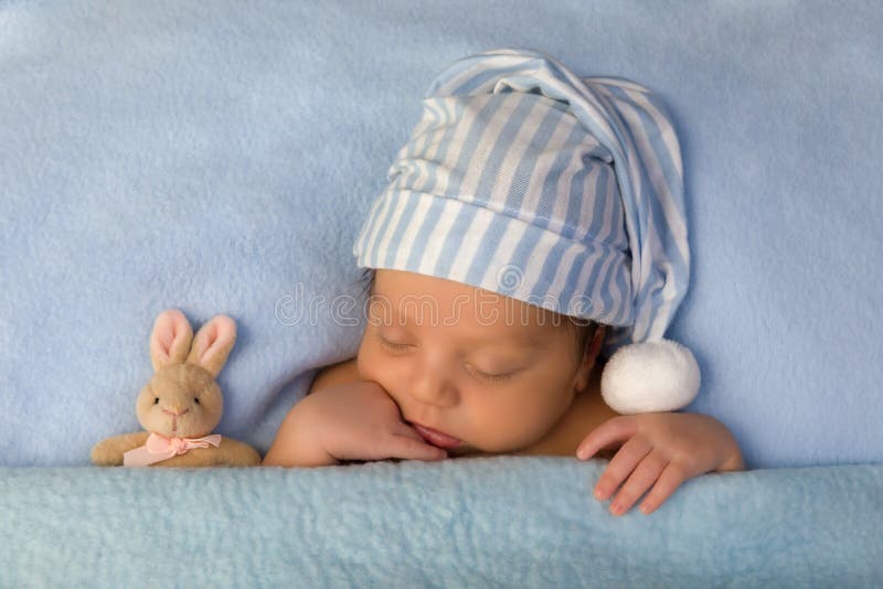 Adorable Baby Sleeping in Blue Bed Stock Image - Image of people ...