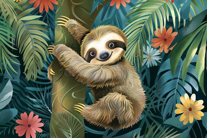 Adorable Baby Sloth Clinging To a Tree Stock Illustration ...
