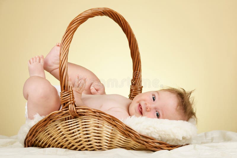 Adorable Baby in Wicker Basket Stock Image - Image of face, infant ...