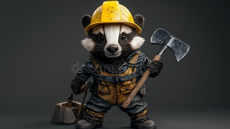 Adorable Badger Construction Worker with Axe and Shovel Stock ...
