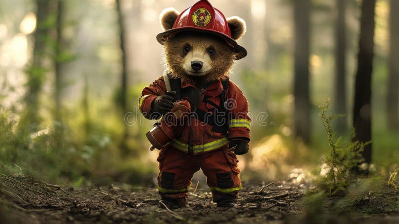 Adorable Bear Firefighter in Forest Setting Stock Image - Image of ...