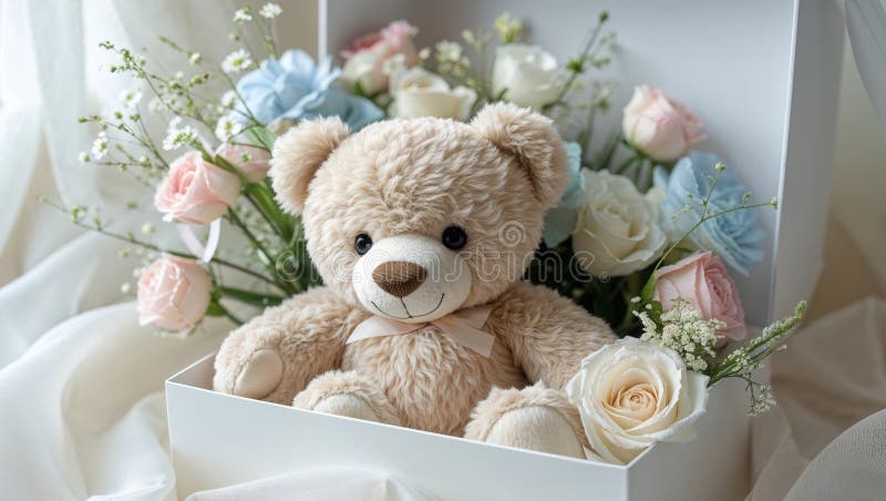 Adorable Bear and Flower Arrangement Mockup with Gift Box Stock Image ...