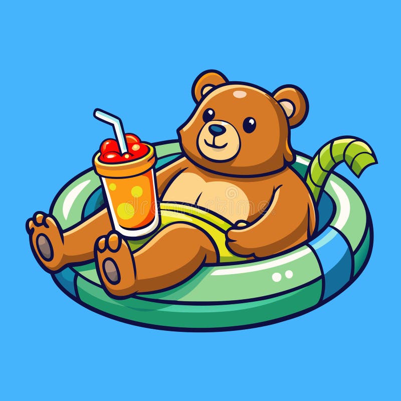 Adorable Bear Relaxes on Pool Float Enjoying a Cool Drink Stock Vector ...
