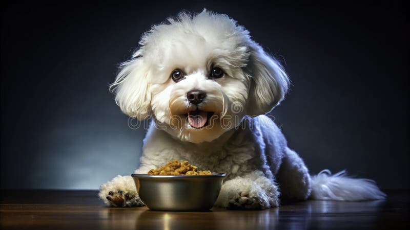 Adorable Bichon Frise Devours Dinner in Soft LowLight Studio Portrait a ...