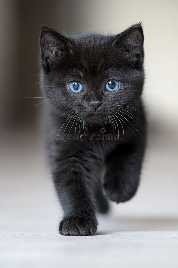Black Kittens With Bright Blue Eyes Close Up Portrait Of One Long
