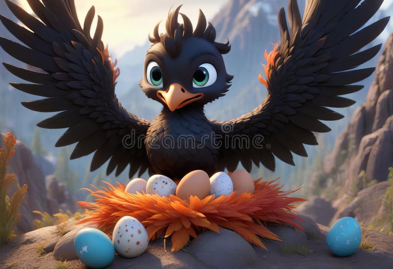 He Adorable Black Phoenix in the Mountains Stock Illustration ...