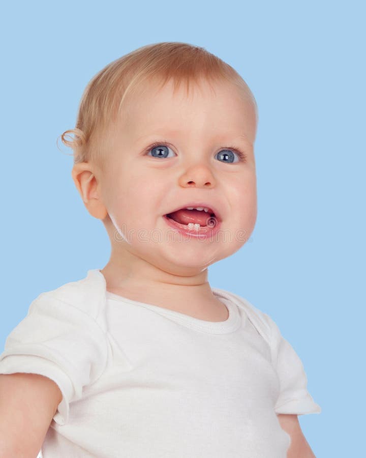 Adorable Blond Baby with Two Small Teeth Stock Photo - Image of ...