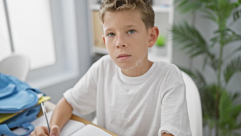 Adorable Blond Boy Student Concentrating and Taking Notes at His Desk ...