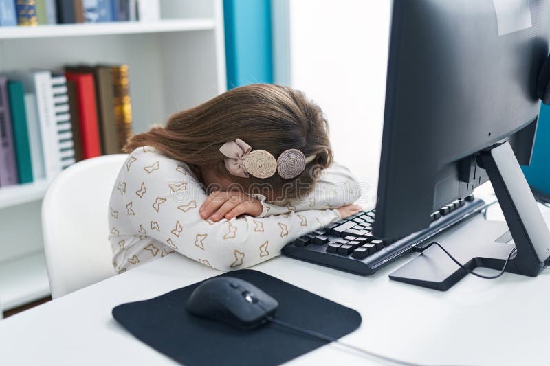 Adorable Blonde Girl Student Stressed Using Computer at Classroom Stock Image - Image of mouse ...