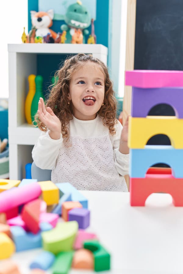 Adorable Blonde Toddler Playing with Construction Blocks Clapping Hands ...