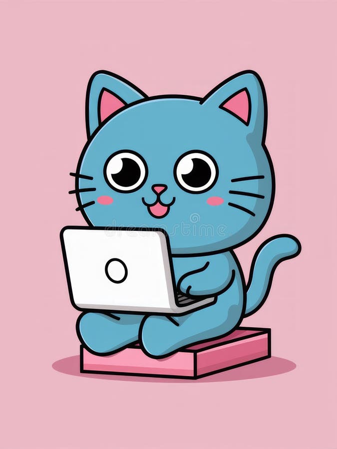 Adorable Blue Cartoon Cat Using Laptop on Pink Background Stock ...