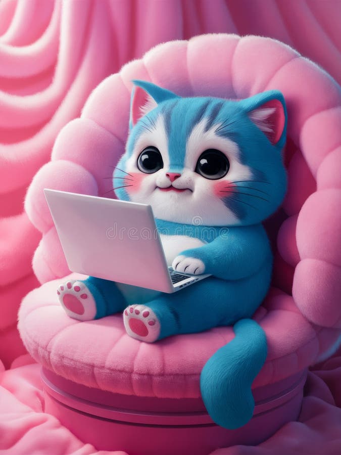 Adorable Blue Cartoon Cat Using Laptop on Pink Cushion Stock Image ...
